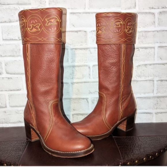 Frye | Shoes | Vintage Chestnut Colored Frye Heeled Boots With Gold ...